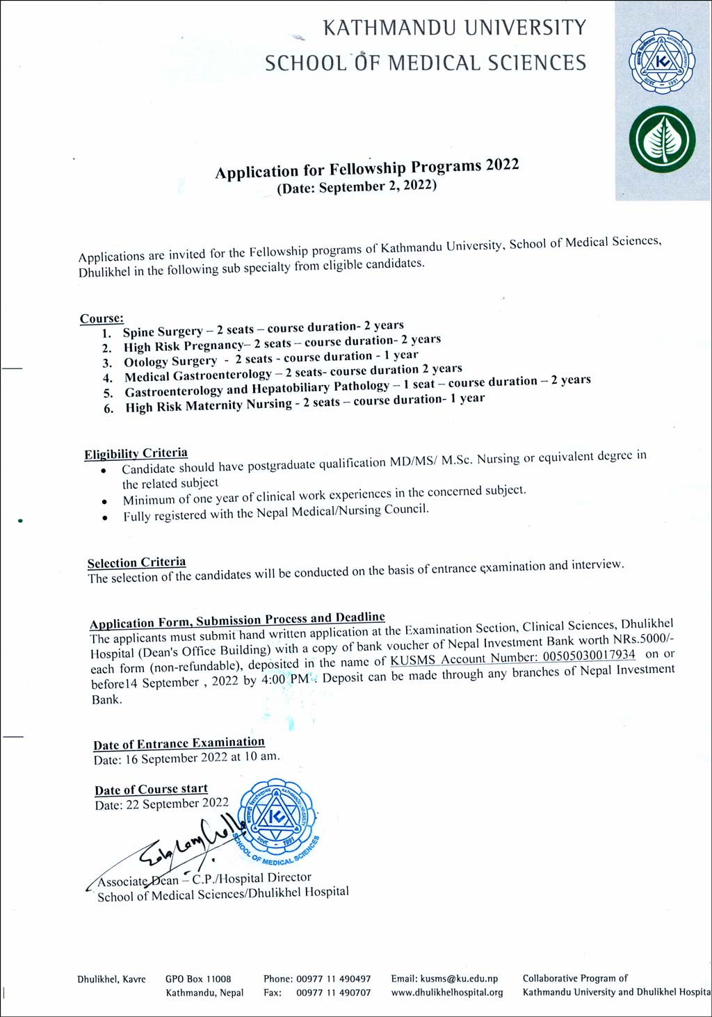 Application For Fellowship Programs 2022 | KUSMS