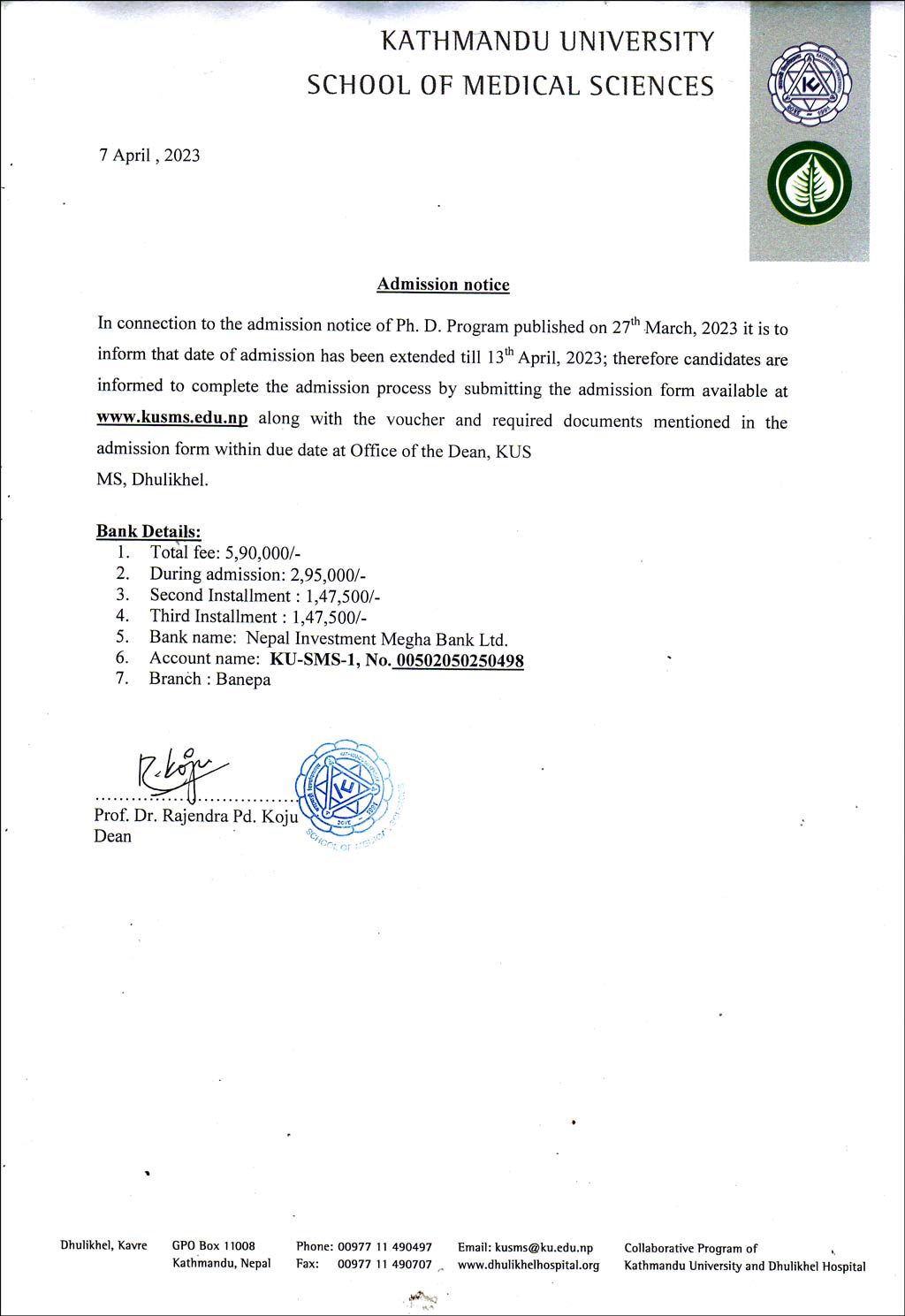 Extension Notice For P.hD Program Admission | KUSMS