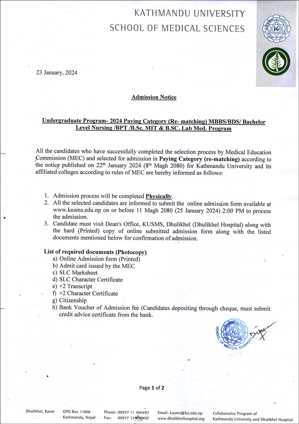 ADMISSION NOTICE FOR UNDERGRADUATE PROGRAM-2024 PAYING CATEGORY (RE ...