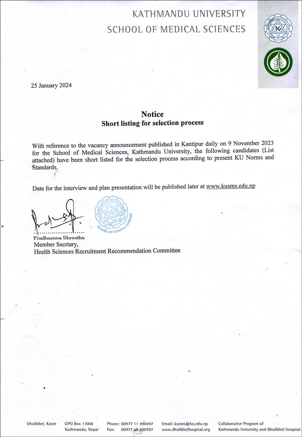 Notice Of Short Listing For Selection Process | KUSMS