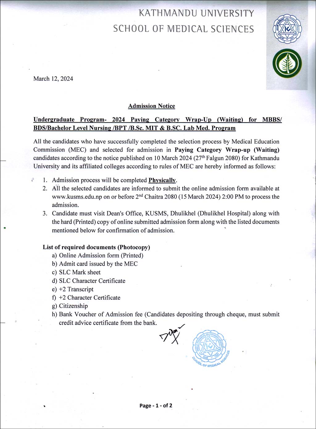 Admission Notice for Undergraduate Program- 2024 Paying Category (Wrap ...