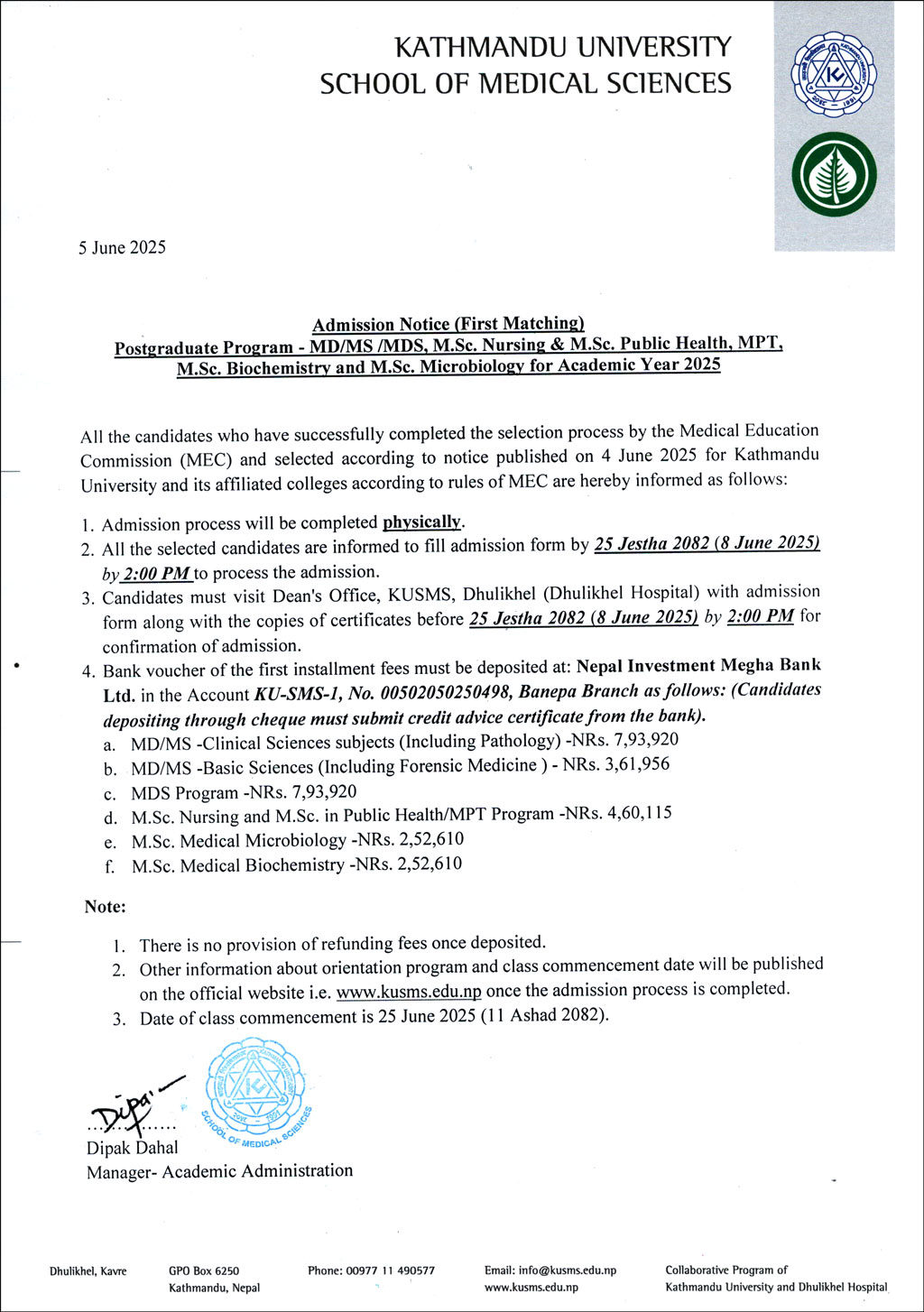 Admission Notice (First Matching) Postgraduate Program For Academic ...