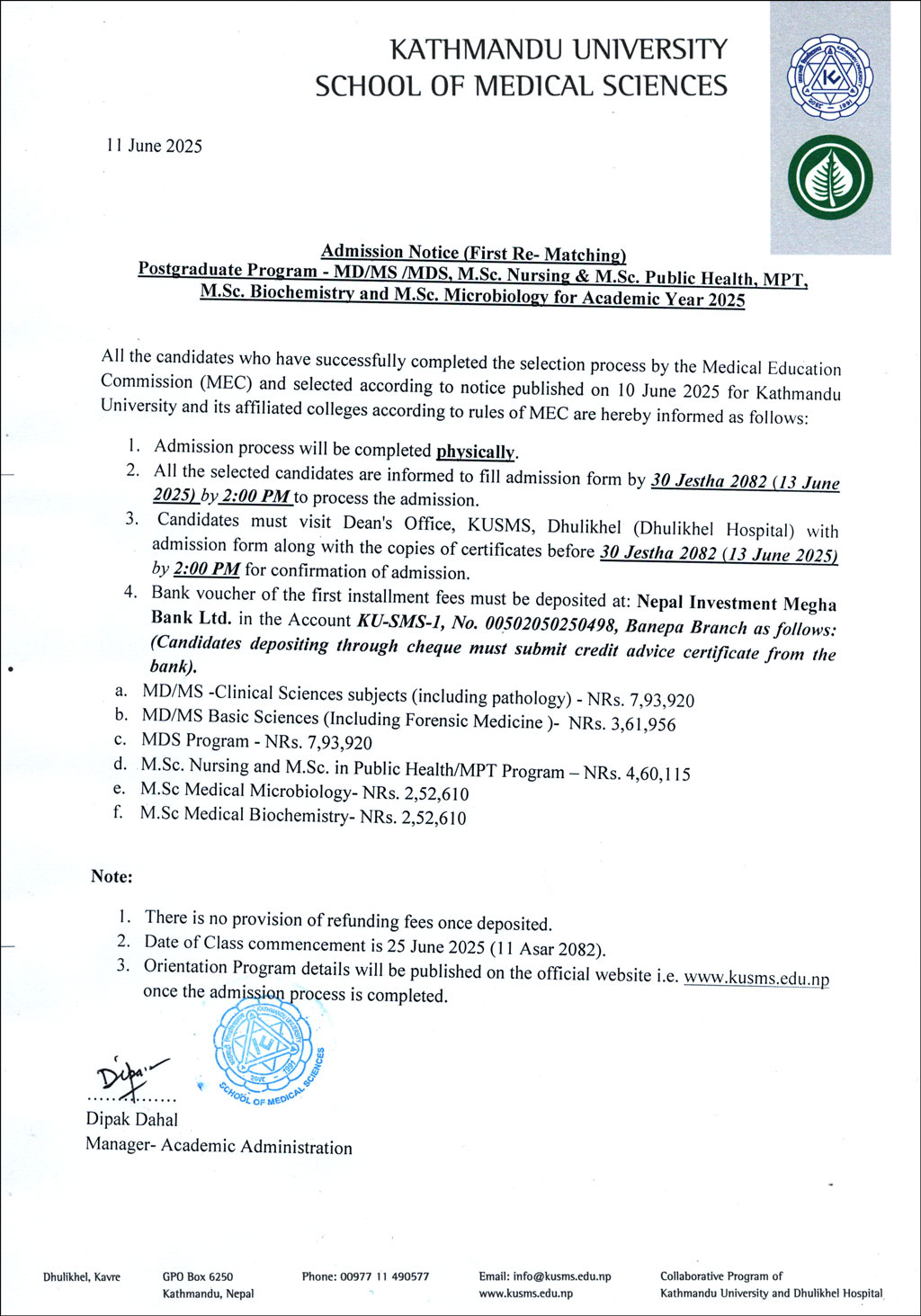 Admission Notice (First Re-Matching) Postgraduate Program For Academic ...