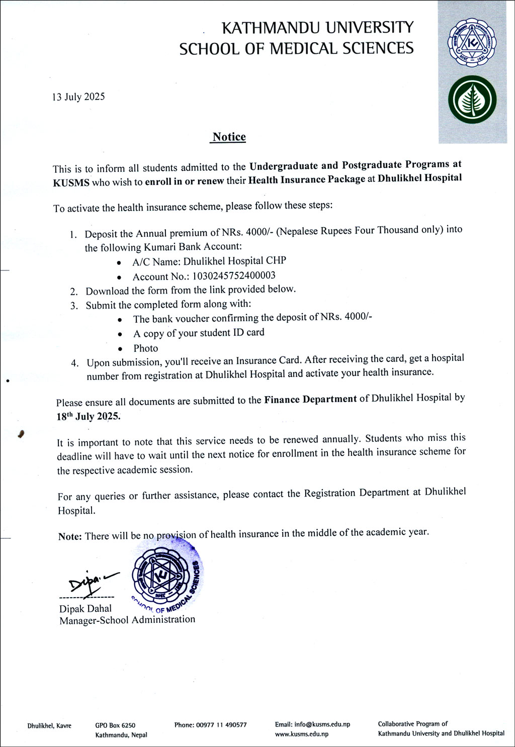 Notice To Enroll In Or Renew Health Insurance Package For Undergraduate ...