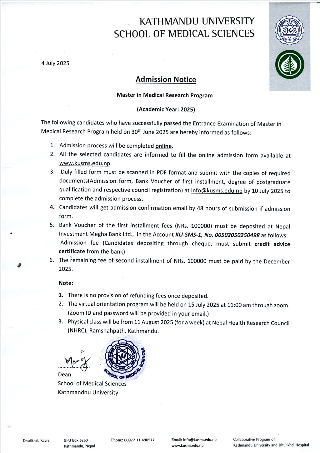 Admission Notice- Master In Medical Research Program Year 2025 | KUSMS