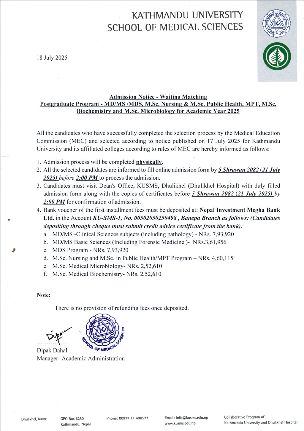 Admission Notice -(Waiting Matching) Postgraduate Program For Academic ...