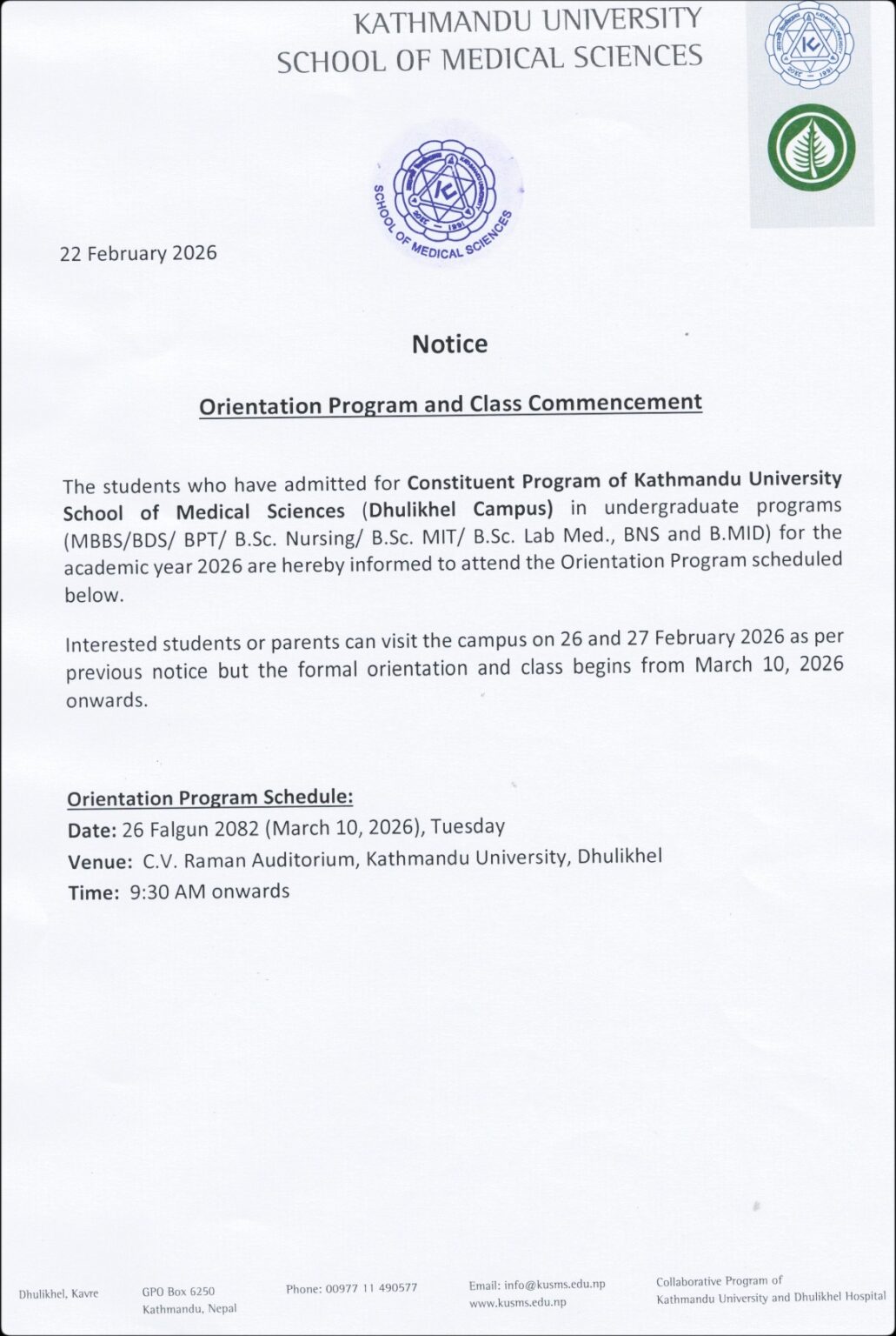 Notice: Orientation Program And Class Commencement For Undergraduate ...